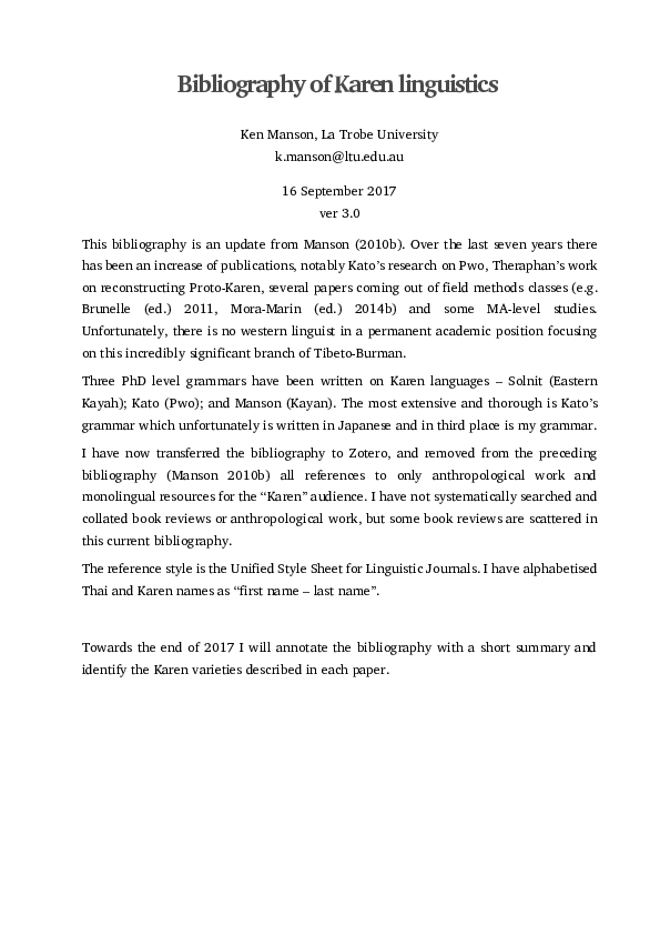 (PDF) A bibliography of Karen linguistics | Ken Manson - Academia.edu