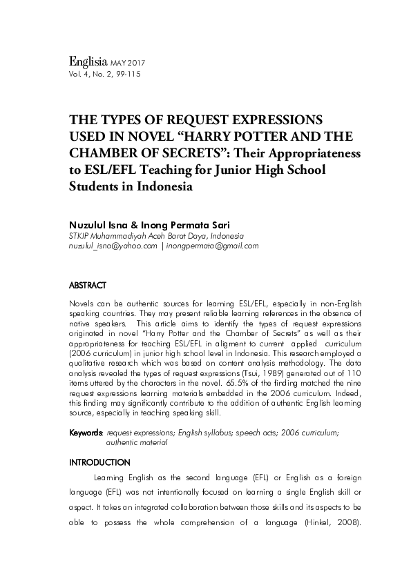 (PDF) THE TYPES OF REQUEST EXPRESSIONS USED IN NOVEL " HARRY POTTER AND ...