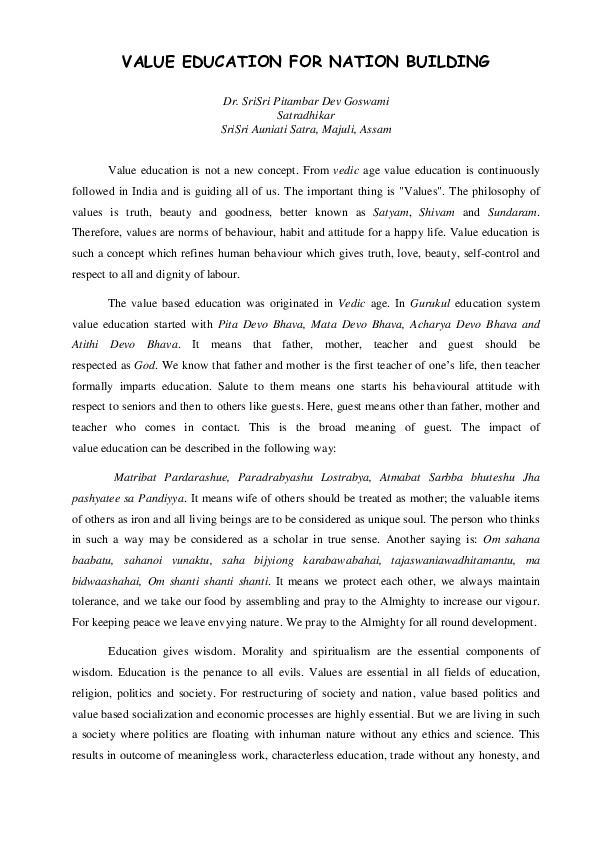 (PDF) VALUE EDUCATION FOR NATION BUILDING