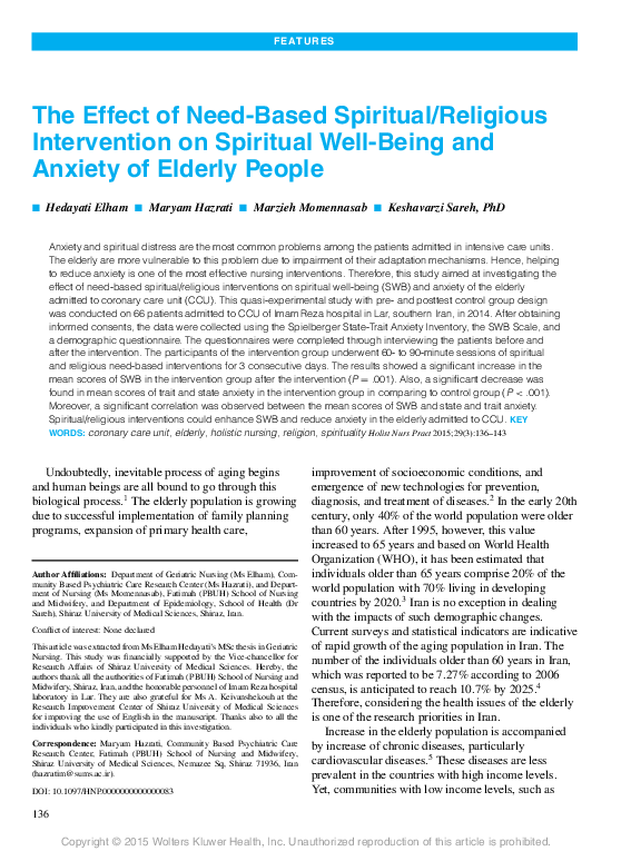 (PDF) The Effect of Need-Based Spiritual/Religious Intervention on ...