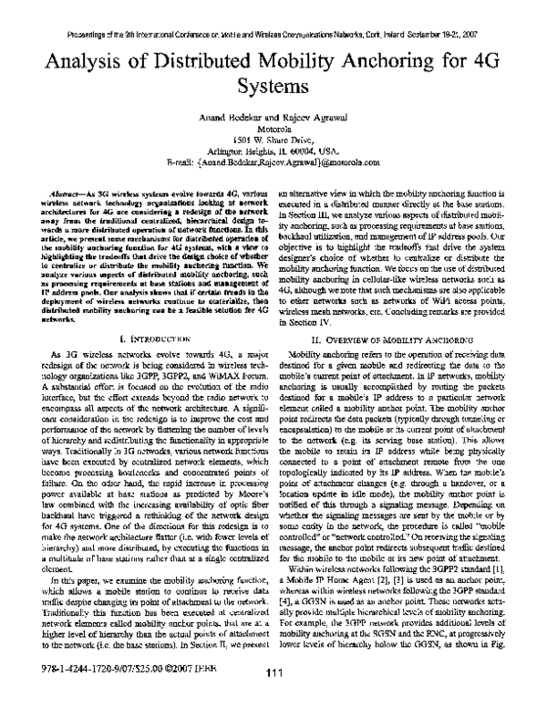 (PDF) Analysis of distributed mobility anchoring for 4G systems
