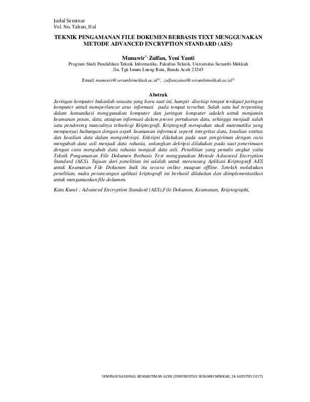 Pdf Teknik Pengamanan File Dokumen Berbasis Text Menggunakan Metode Advanced Encryption