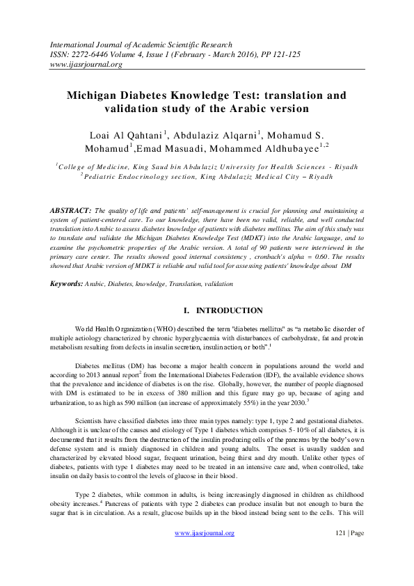 (PDF) Michigan Diabetes Knowledge Test: translation and validation ...