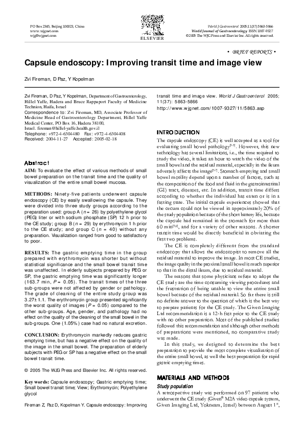 (PDF) Capsule Endoscopy: Improving the Transit Time and the Image View