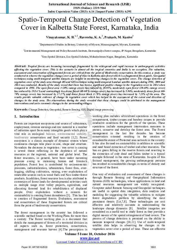 (PDF) Spatio-Temporal Change Detection of Vegetation Cover in Kalbetta State Forest, Karnataka ...