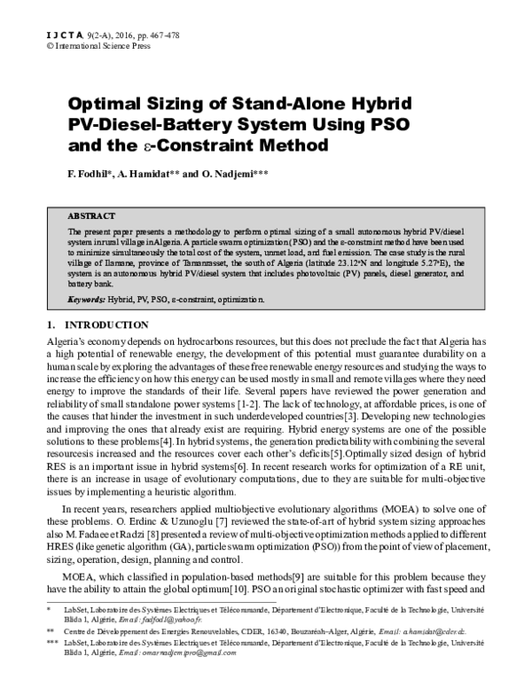 Pdf Optimal Sizing Of Stand Alone Hybrid Pv Diesel Battery System Using Pso And The