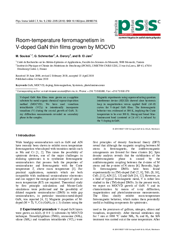 (PDF) Room-temperature ferromagnetism in V-doped GaN thin films grown by MOCVD | Belgacem Jani ...