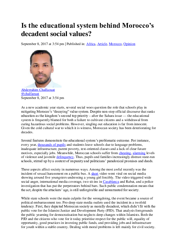 (DOC) Is the educational system behind Morocco's decadent social values ...