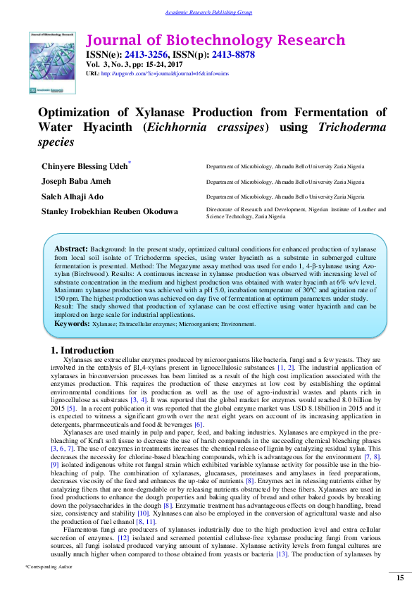 (PDF) Optimization of Xylanase Production from Fermentation of Water Hyacinth (Eichhornia ...