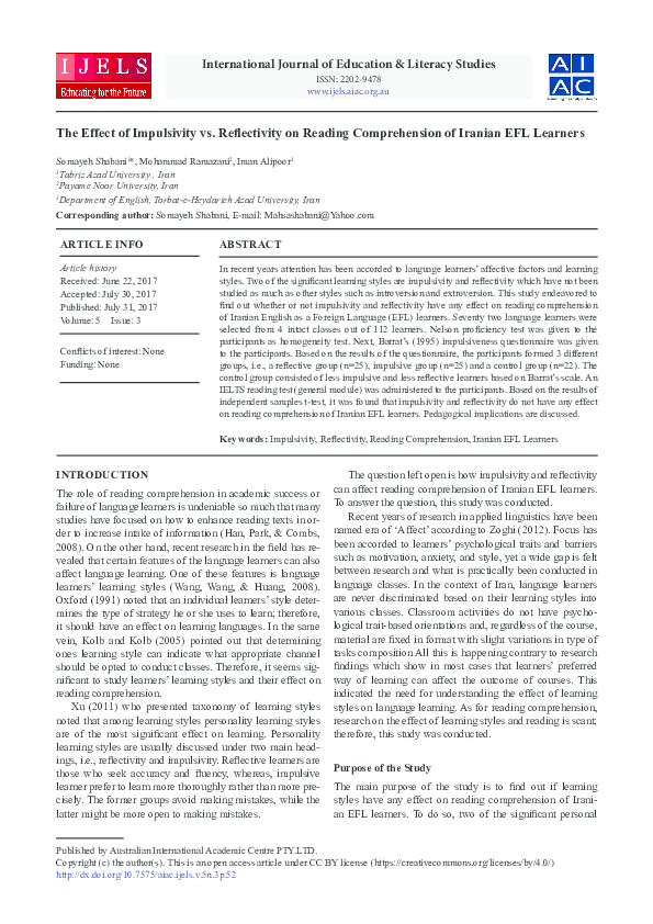 (PDF) The Effect of Impulsivity vs. Reflectivity on Reading Comprehension of Iranian EFL Learners
