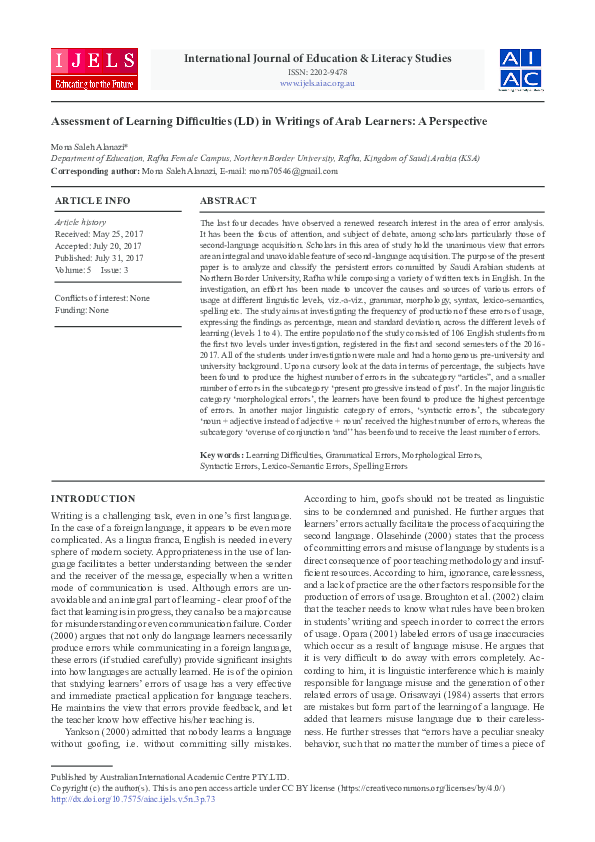 (PDF) Assessment of Learning Difficulties (LD) in Writings of Arab ...