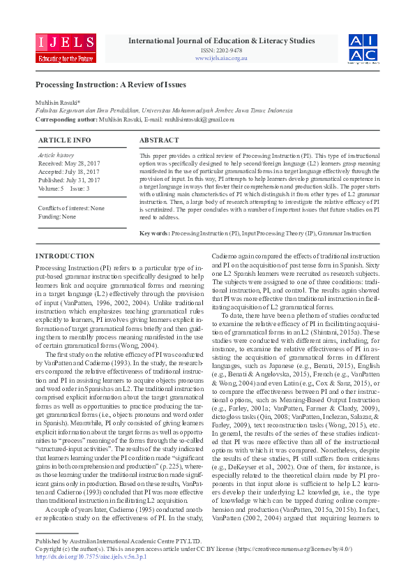 (PDF) Processing Instruction: A Review of Issues