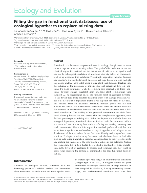 Pdf Filling The Gap In Functional Trait Databases Use Of Ecological Hypotheses To Replace