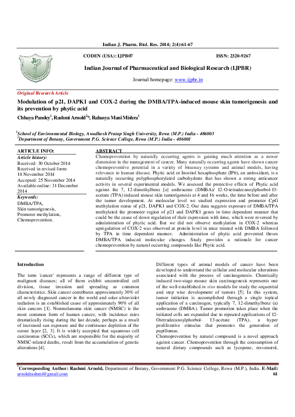 (PDF) Modulation of p21, DAPK1 and COX-2 during the DMBA/TPA-induced ...