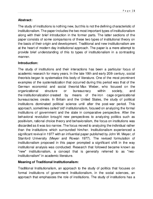 (DOC) Comparative Analysis between Traditional and New Institutionalism