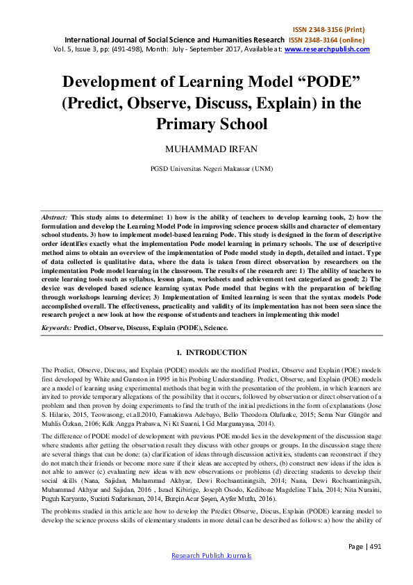 (PDF) Development of Learning Model " PODE " (Predict, Observe, Discuss, Explain) in the Primary ...
