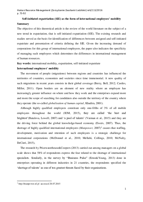 (DOC) Self-initiated expatriation (SIE) as the form of international ...