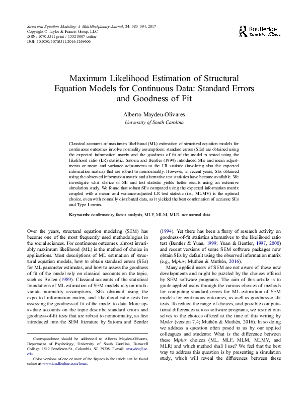 Pdf Maximum Likelihood Estimation Of Structural Equation Models For Continuous Data Standard