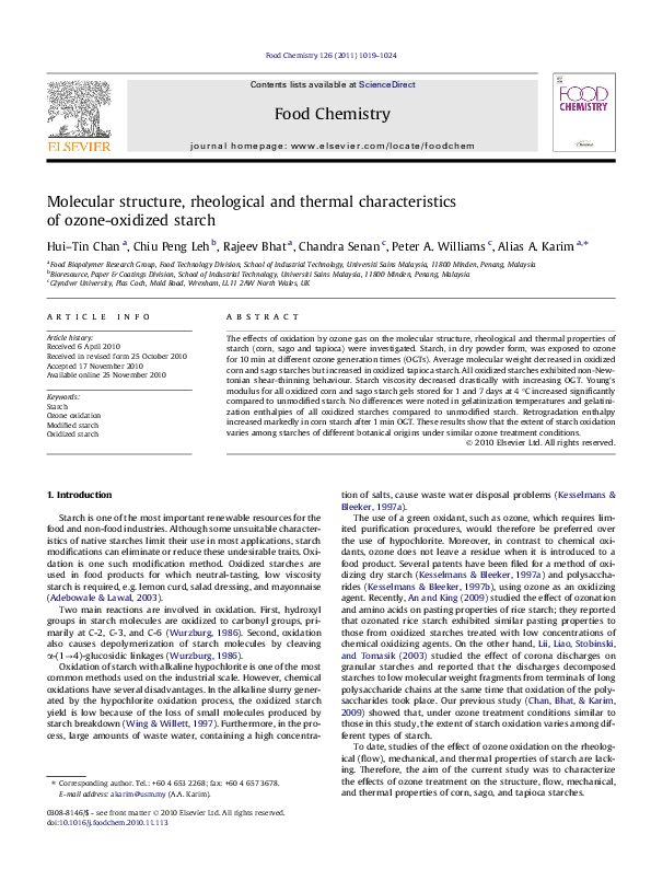 (PDF) Molecular structure, rheological and thermal characteristics of ozone-oxidized starch