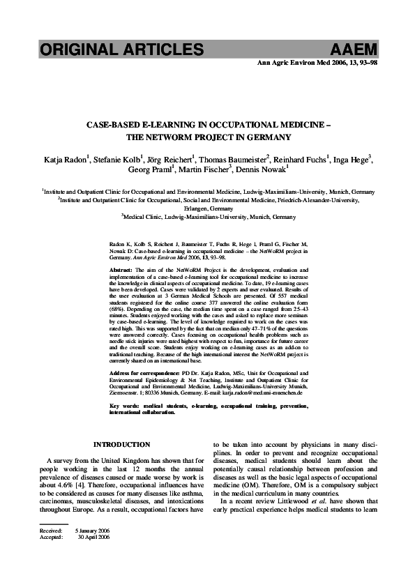 (PDF) Case-based e-learning in occupational medicine- the NetWoRM Project in Germany