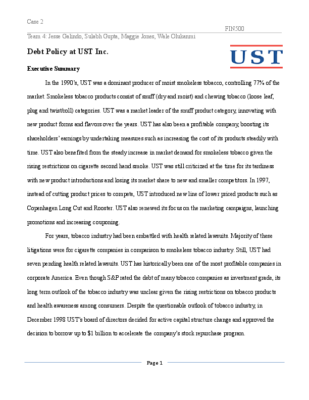(DOC) Debt Policy at UST Inc