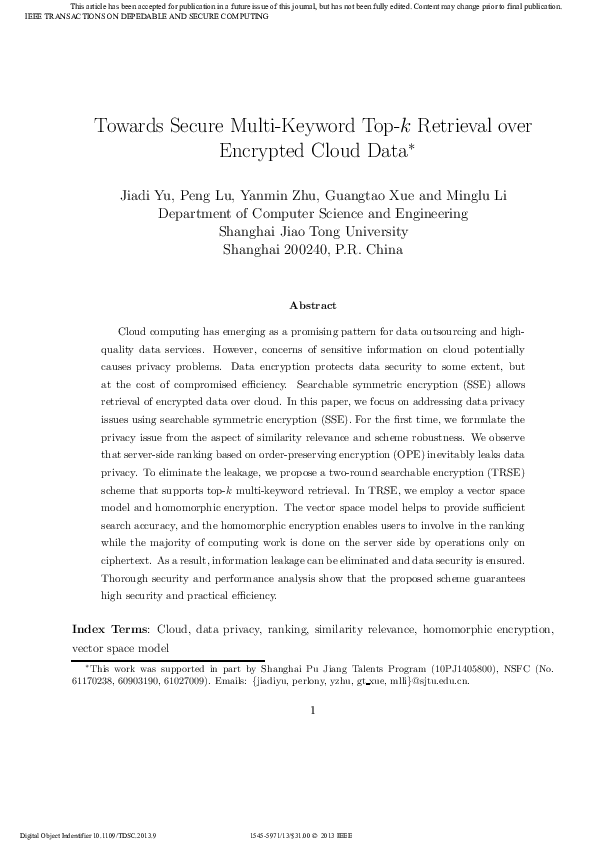 (PDF) Towards Secure Multi-Keyword Top-k Retrieval over Encrypted Cloud Data * IEEE TRANSACTIONS ...