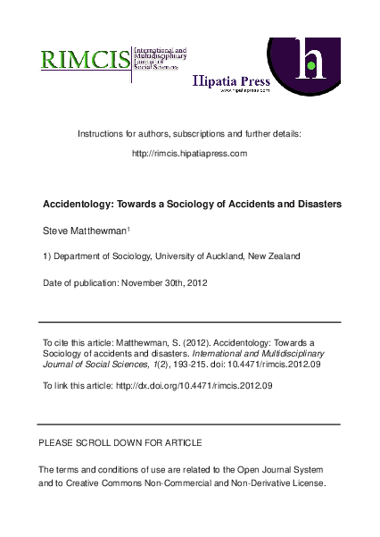 (PDF) Accidentology: Towards a Sociology of Accidents and Disasters