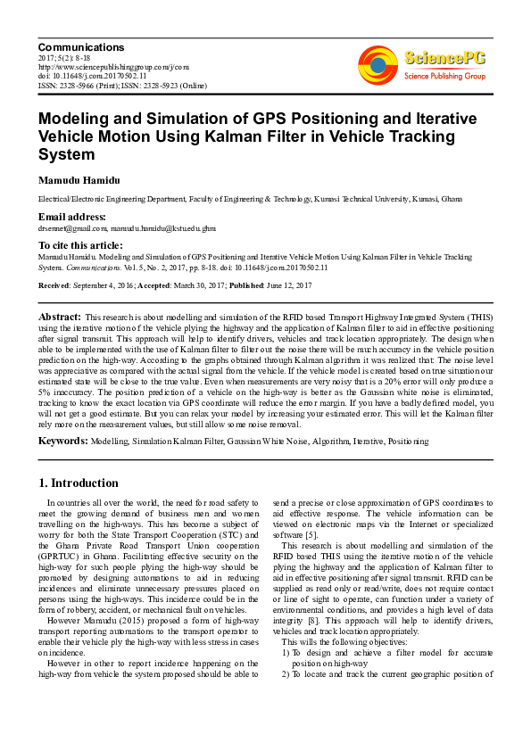 Pdf Modeling And Simulation Of Gps Positioning And Iterative Vehicle Motion Using Kalman