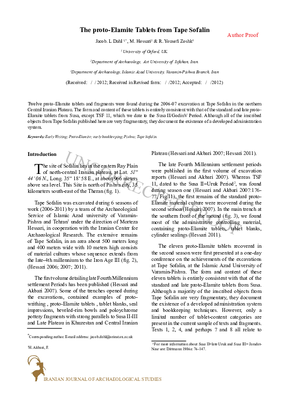 (PDF) The proto-Elamite Tablets from Tape Sofalin