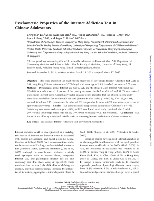 (PDF) Psychometric Properties of the Internet Addiction Test in Chinese ...