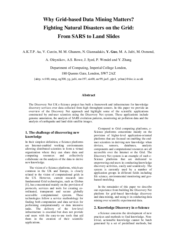 (PDF) Why grid-based data mining matters? fighting natural disasters on the grid: from SARS to ...