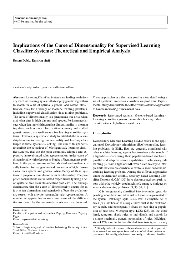 (PDF) Curse of Dimensionality in Classifier Systems
