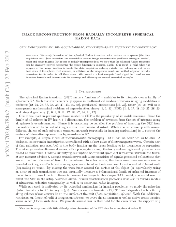 (PDF) Image reconstruction from radially incomplete spherical Radon data