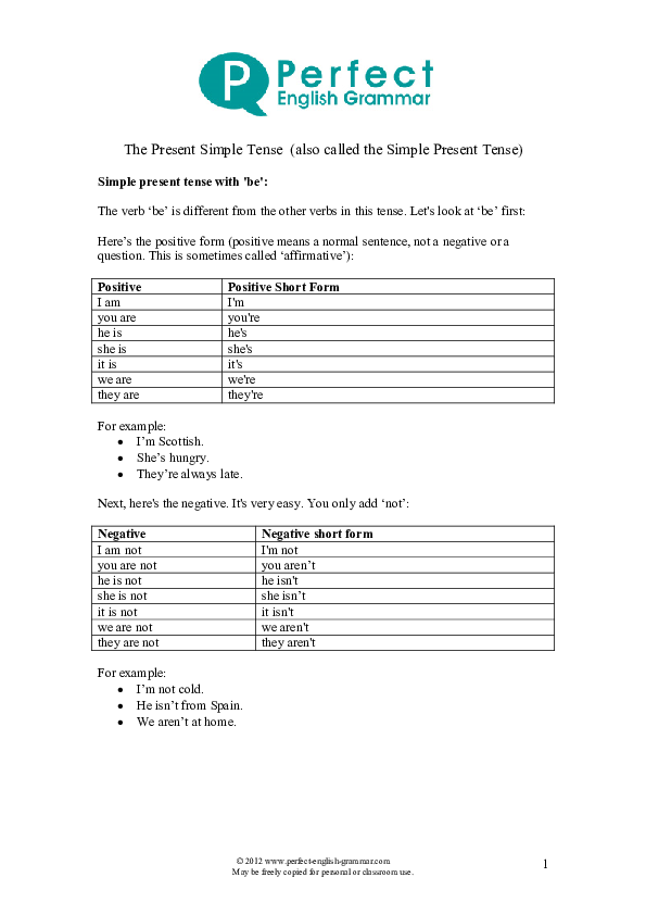 (PDF) The Present Simple Tense (also called the Simple Present Tense