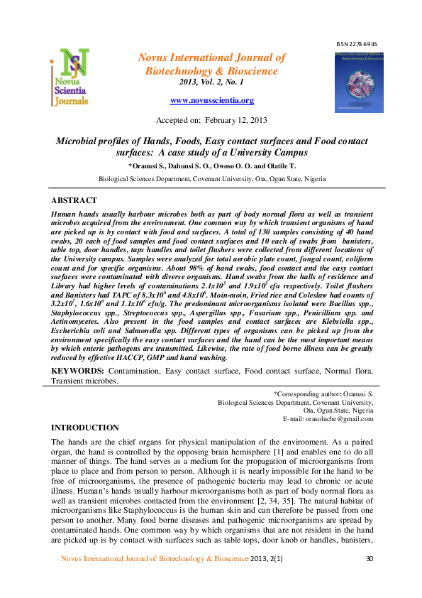 (PDF) Microbial profiles of Hands Foods Easy contact surfaces and Food ...