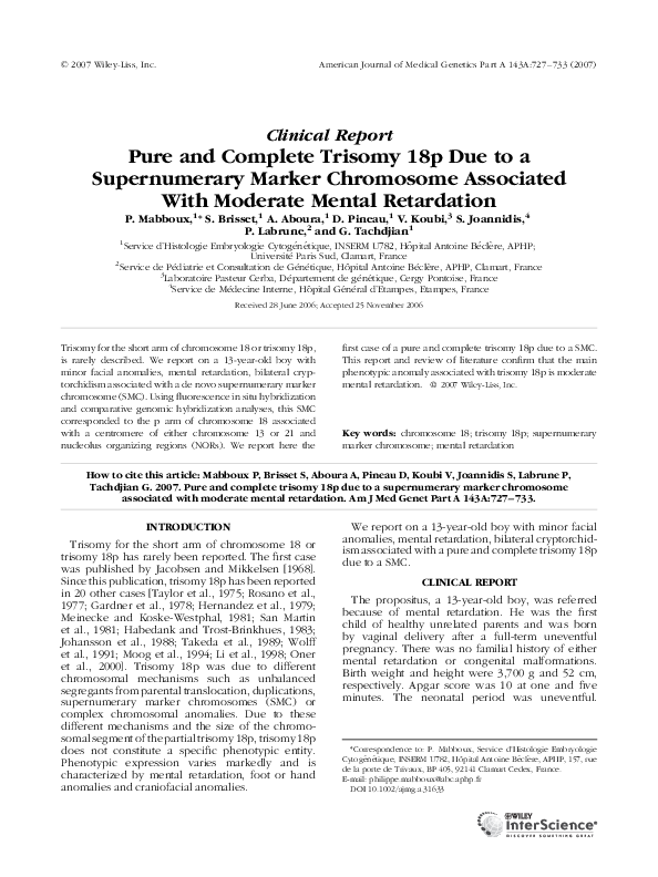 (PDF) Pure and complete trisomy 18p due to a supernumerary marker ...