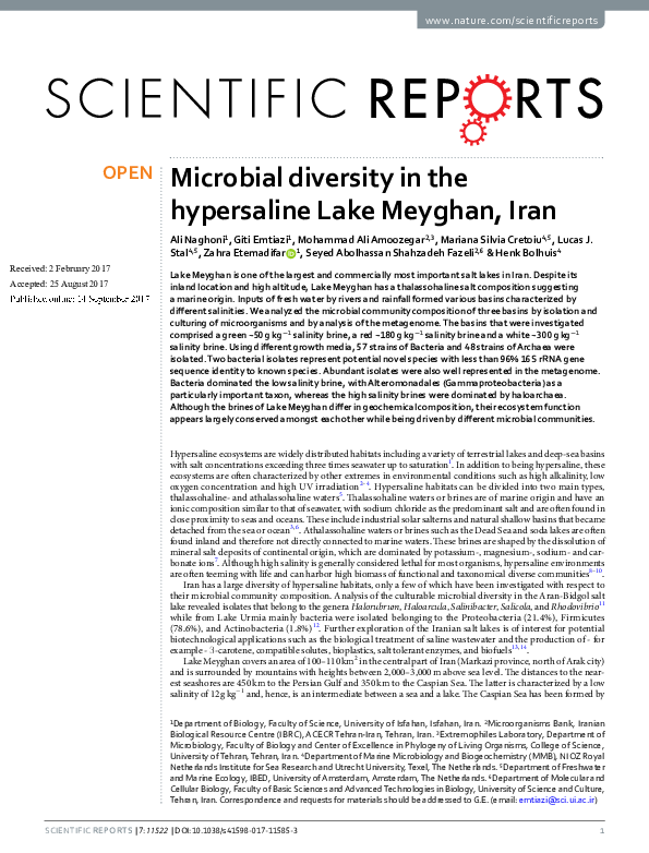 (PDF) Microbial diversity in the hypersaline Lake Meyghan, Iran OPEN