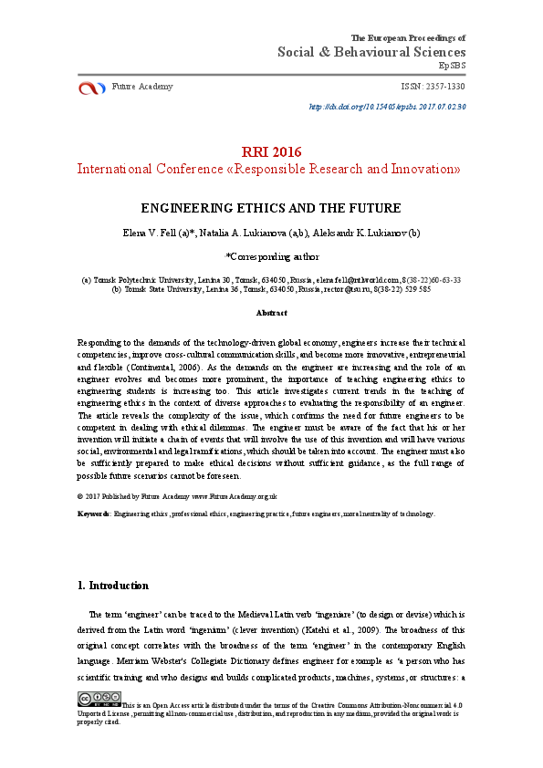 (PDF) ENGINEERING ETHICS AND THE FUTURE