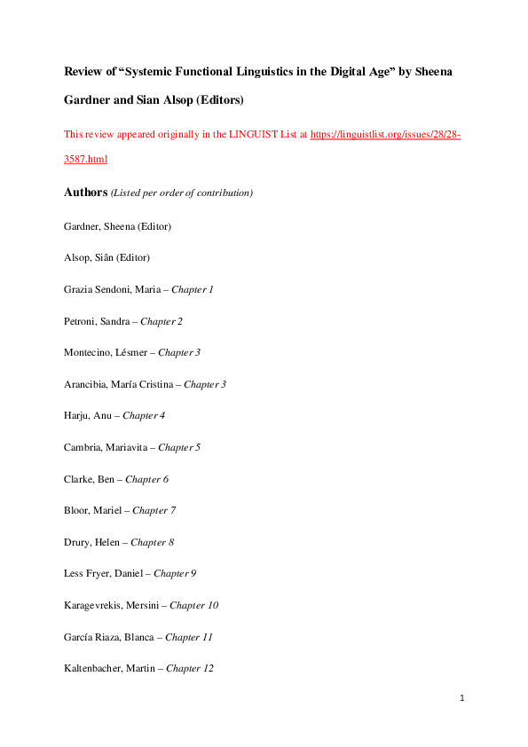(PDF) Review of “Systemic Functional Linguistics in the Digital Age” by ...