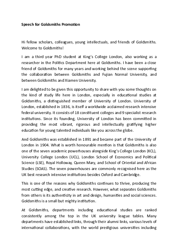 (DOC) Speech for Goldsmiths Promotion