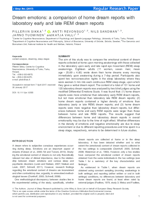 (PDF) Dream emotions: a comparison of home dream reports with ...