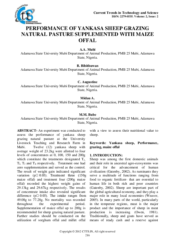 (PDF) Current Trends in Technology and Science PERFORMANCE OF YANKASA ...