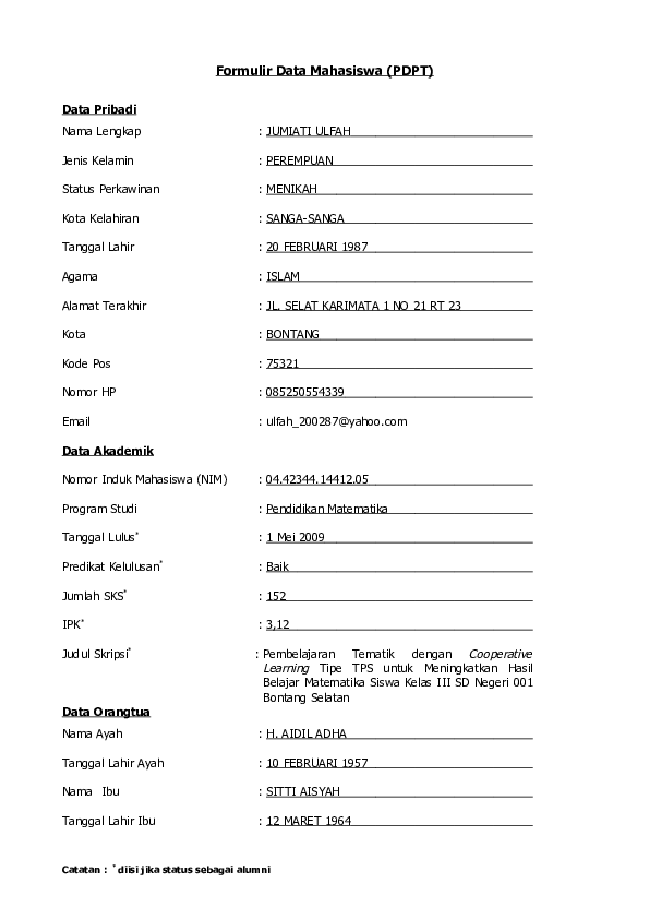 (DOC) Formulir Data Mahasiswa (PDPT | ummu aqeela - Academia.edu