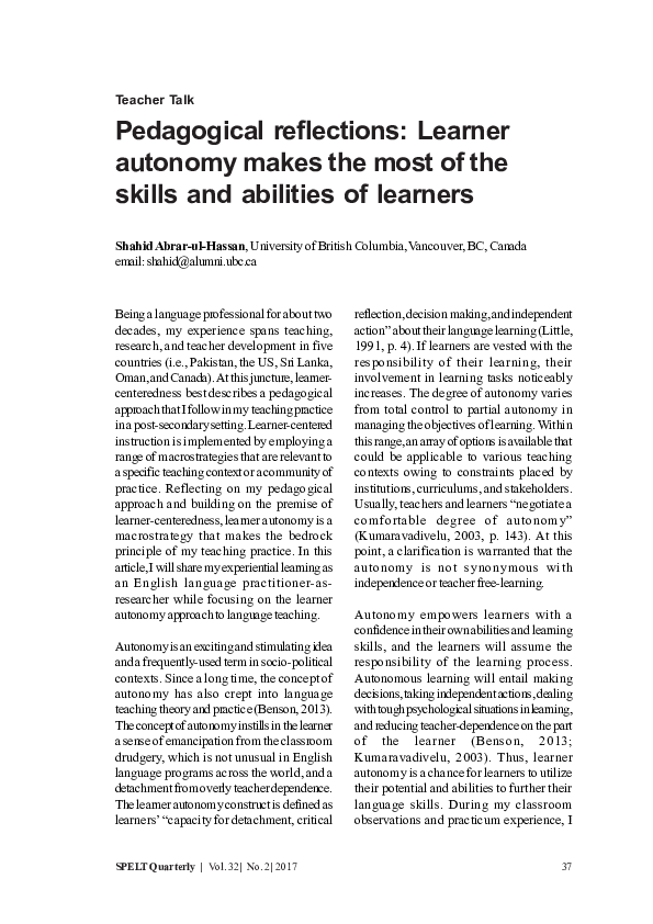 (PDF) Pedagogical reflections: Learner autonomy makes the most of the ...