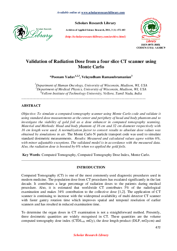 (PDF) Validation of Radiation Dose from a four slice CT scanner using Monte Carlo