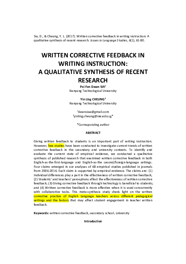 (PDF) WRITTEN CORRECTIVE FEEDBACK IN WRITING INSTRUCTION: A QUALITATIVE SYNTHESIS OF RECENT RESEARCH