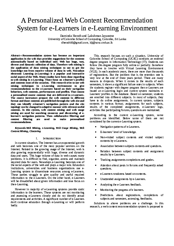 Pdf A Personalized Web Content Recommendation System For E Learners In E Learning Environment