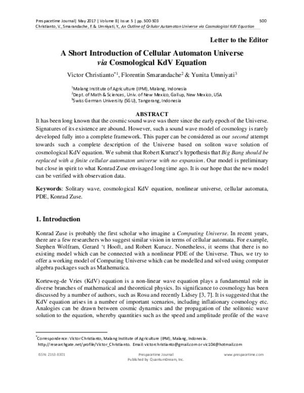 (PDF) A Short Introduction of Cellular Automaton Universe via Cosmological KdV Equation