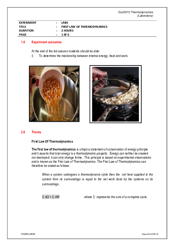 (PDF) EXPERIMENT : LAB4 TITLE : FIRST LAW OF THERMODYNAMICS DURATION ...