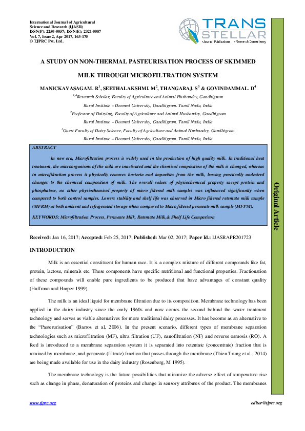 (PDF) A STUDY ON NON-THERMAL PASTEURISATION PROCESS OF SKIMMED MILK ...